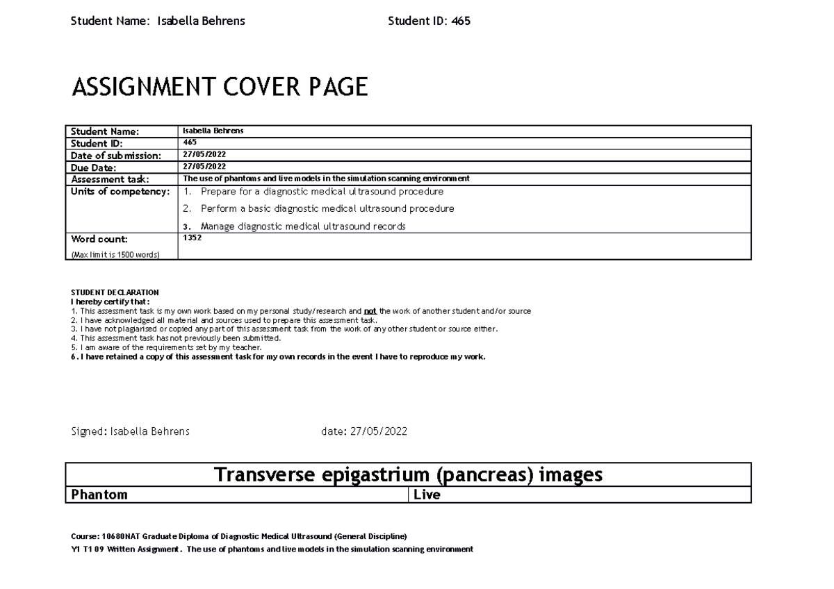 Y1 T1 09 Written Assessment - ASSIGNMENT COVER PAGE Student Name ...