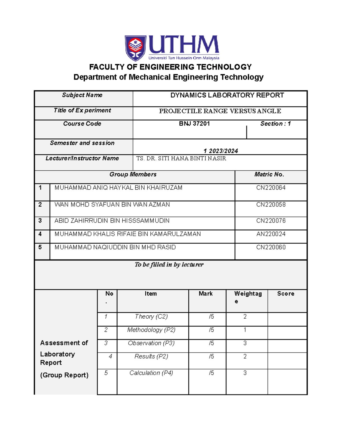 Projectile lab 2 report - FACULTY OF ENGINEERING TECHNOLOGY Department ...