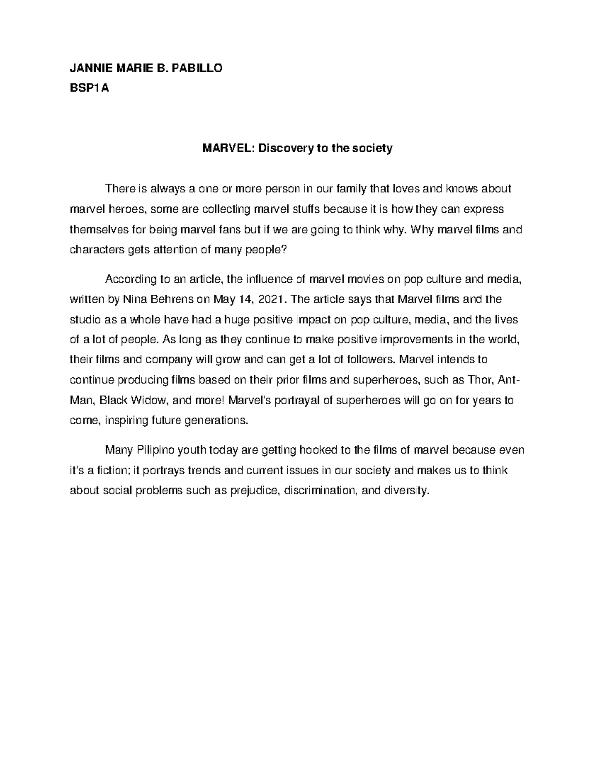 01 Pabillo - knkjbjh - JANNIE MARIE B. PABILLO BSP1A MARVEL: Discovery ...