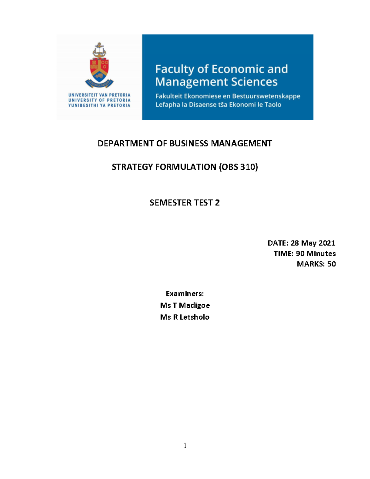 OBS 310 ST 2 2021 Memo Final 1 .pdf - DEPARTMENT OF BUSINESS MANAGEMENT STRATEGY FORMULATION ...