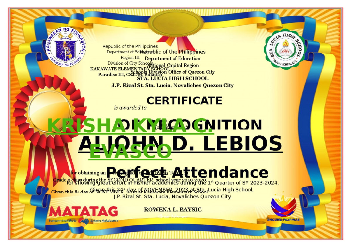 Cert reco perfect attendance - CERTIFICATE Perfect Attendance Republic of the Philippines ...