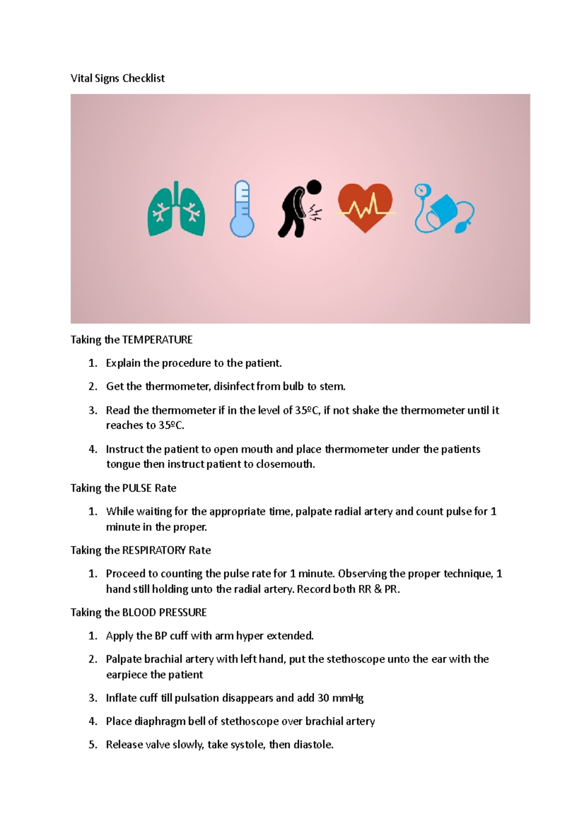 Vital Signs Checklist - Vital Signs Checklist Taking the TEMPERATURE 1 ...