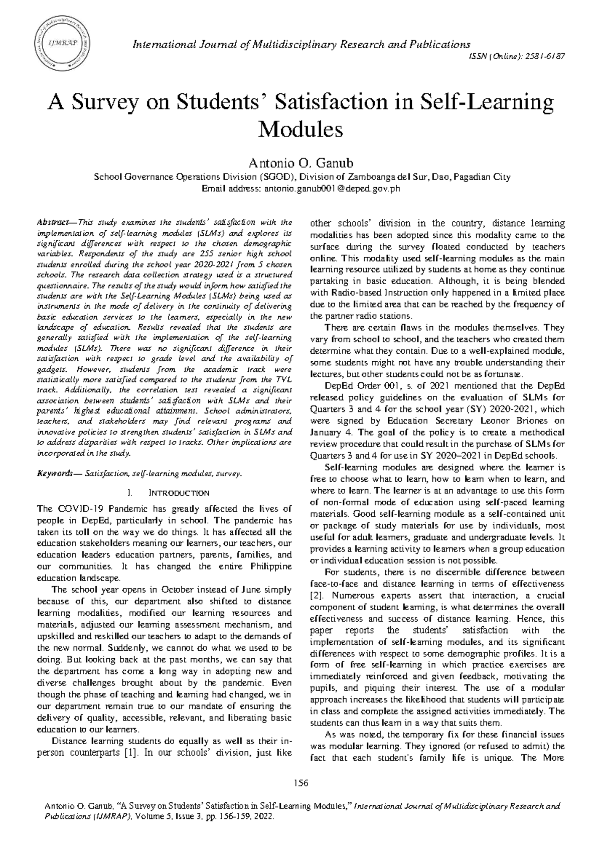 A Survey on Students Satisfaction in Sel - ISSN (Online): 2581- 156 ...