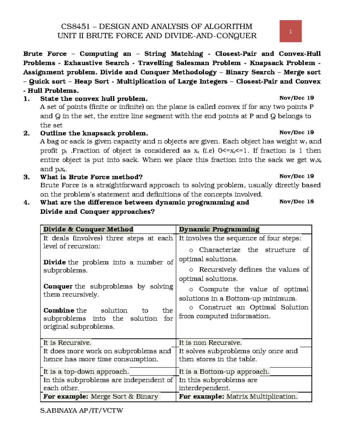 DAA Part A, Unit II - Question with answer - II BRUTE FORCE AND DIVIDE-AND-CONQUER 1 **Brute ...