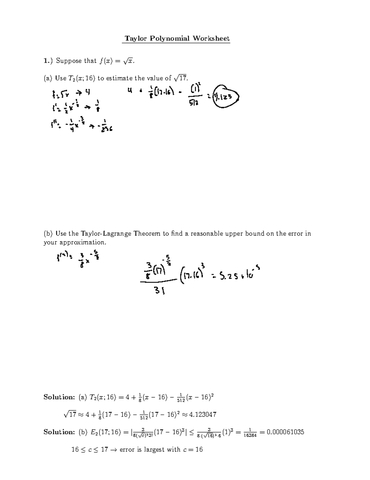Taylor-Series-Worksheet - Taylor Polynomial Worksheet 1.)Suppose thatf ...