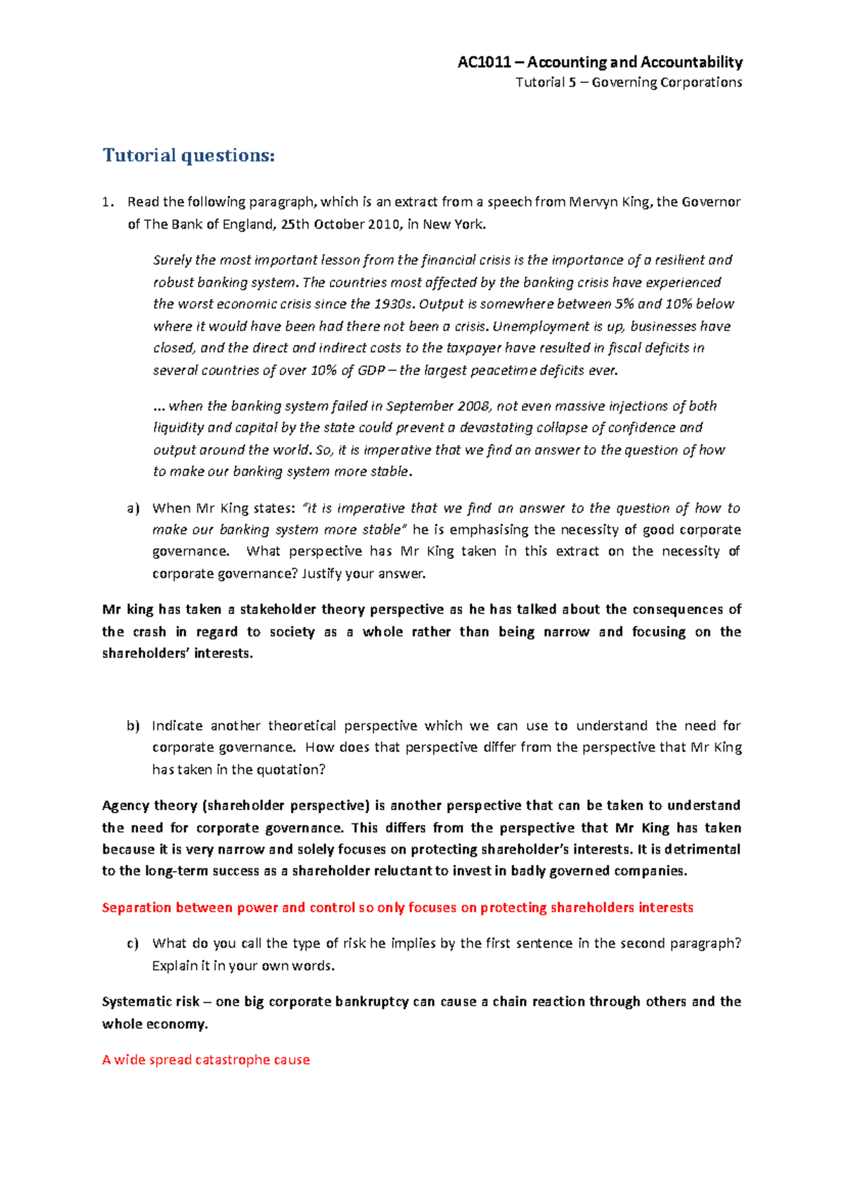 Tutorial 5 answers - AC1011 – Accounting and Accountability Tutorial 5 ...