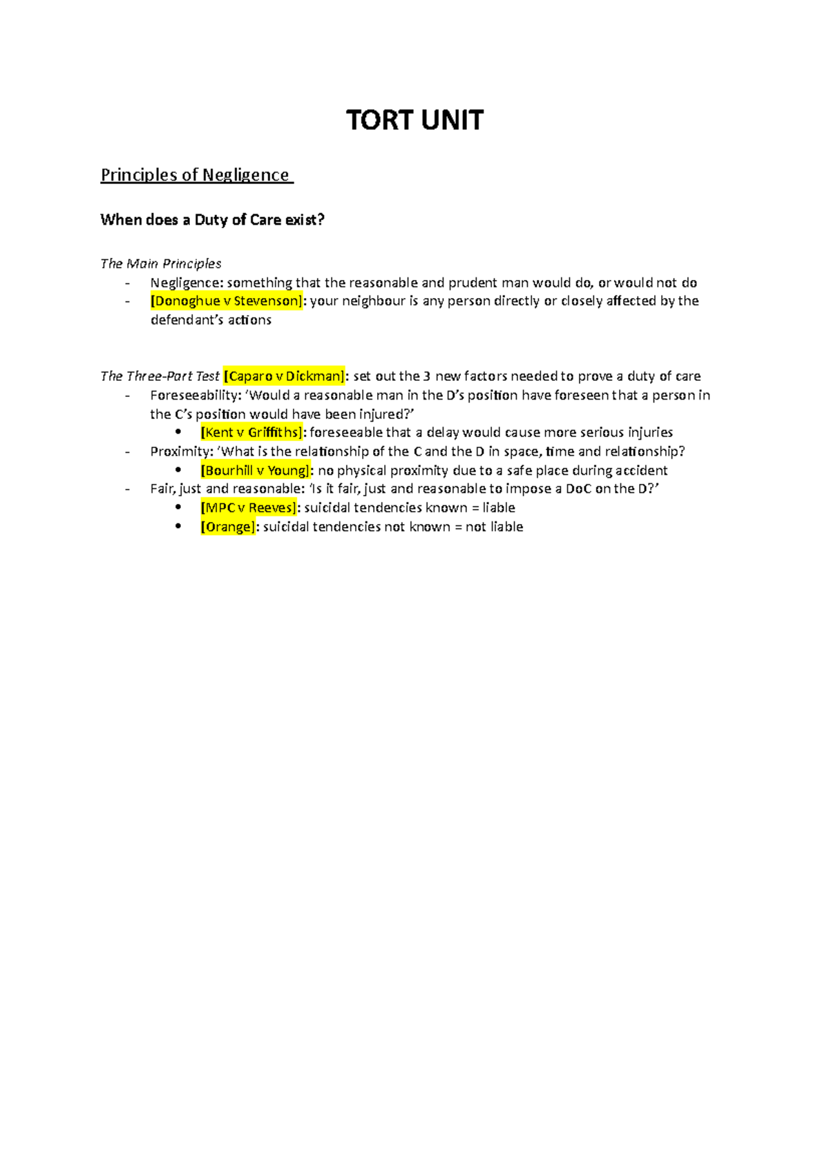 TORT UNIT - TORT UNIT Principles of Negligence When does a Duty of Care ...