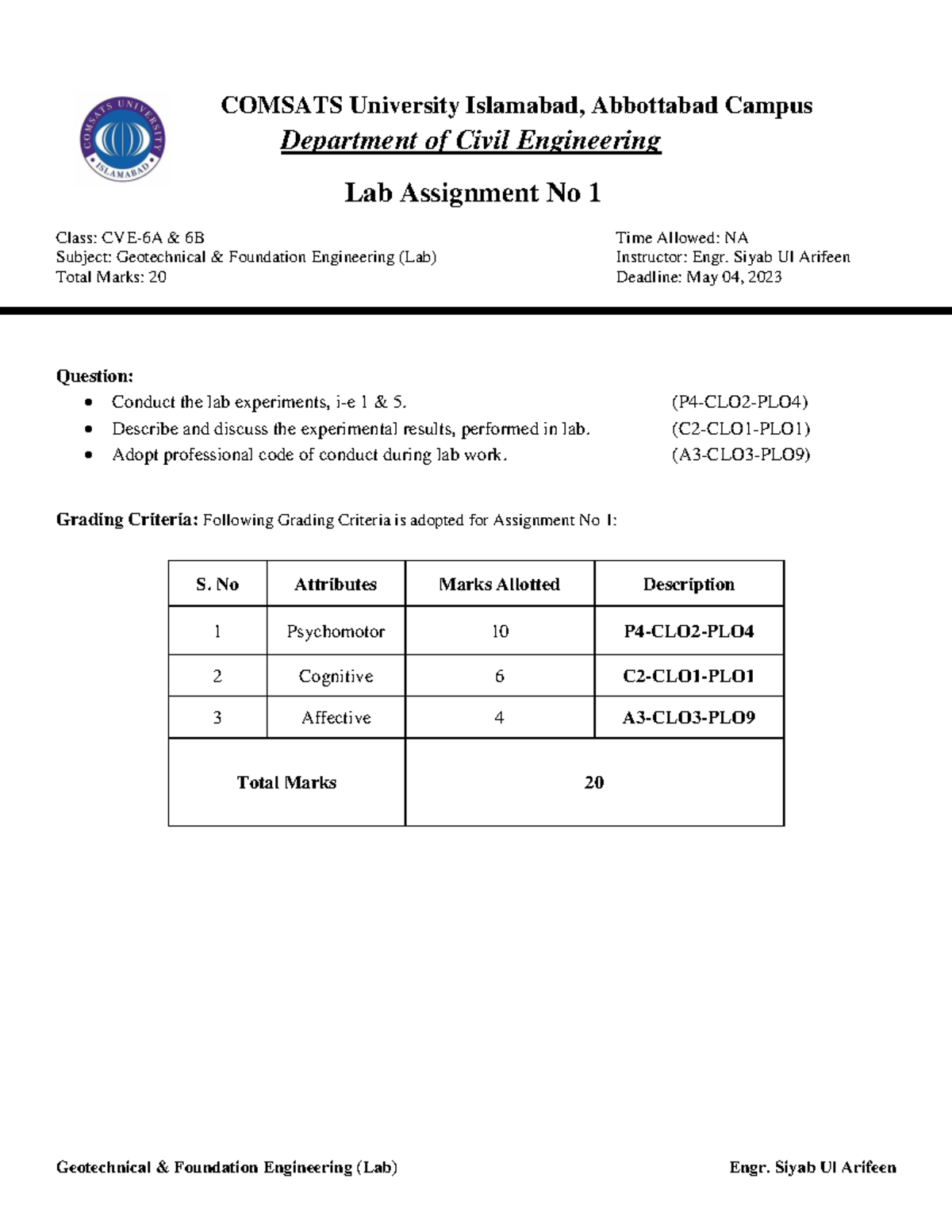 Lab Assign 1 Geotechnical - Geotechnical & Foundation Engineering (Lab ...