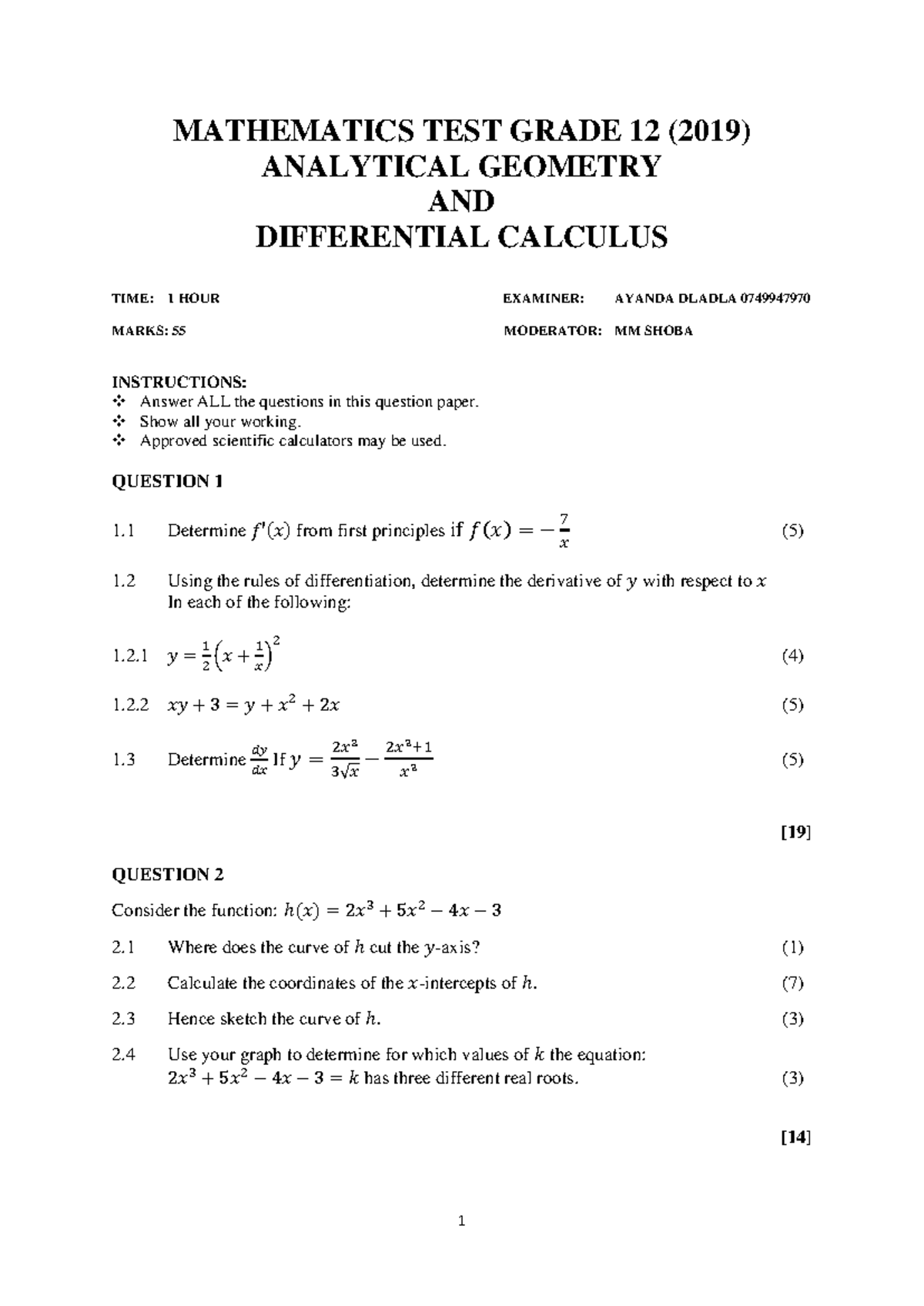 2019 Analyt GEOM & Calculus G12 TEST by Dladla - 1 MATHEMATICS TEST ...