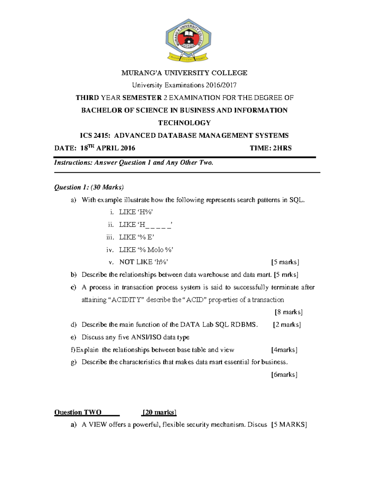 ICS 2415 Advanced Database Management Systems EXAM - MURANG’A ...