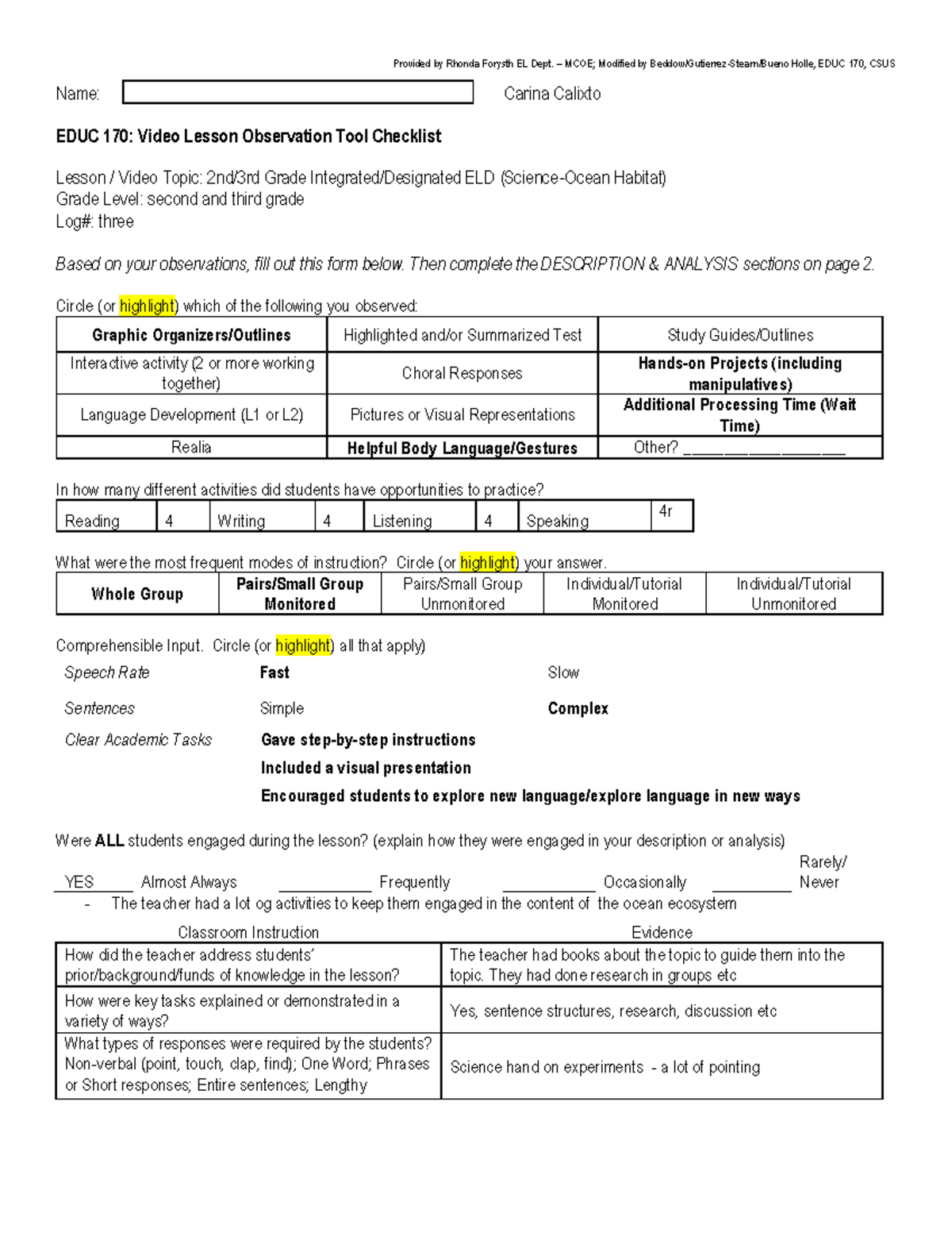 Educ 170 log 3 - It was an observation log on ELD STANDARD - Provided ...