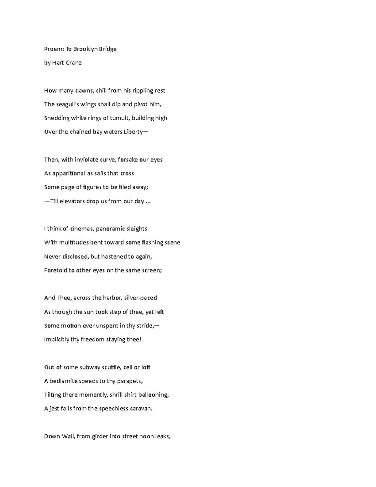 Poem for essay reference - Proem: To Brooklyn Bridge by Hart Crane How ...