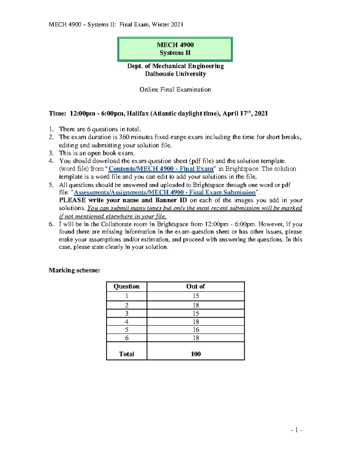 Final Exam 2021 Winter - Dept. of Mechanical Engineering Dalhousie ...