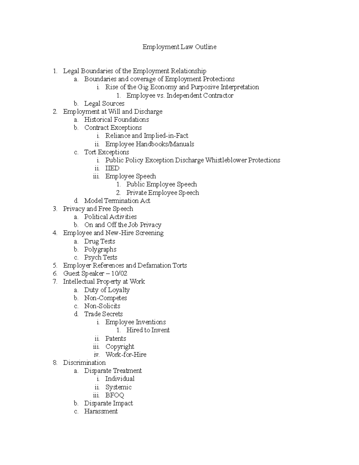 Final Outline - Employment Law Outline Legal Boundaries of the ...