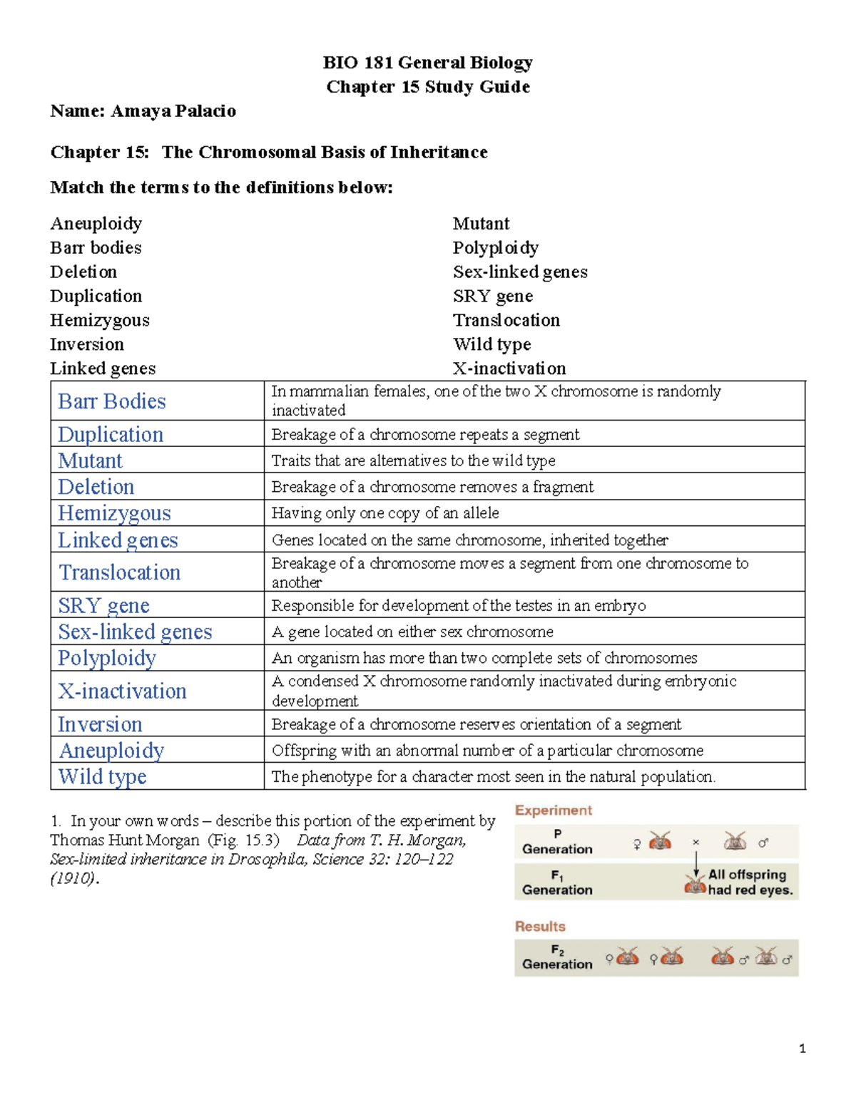 Chapter 15 Study Guide F23 - BIO 181 General Biology Chapter 15 Study Guide Name: Amaya Palacio ...