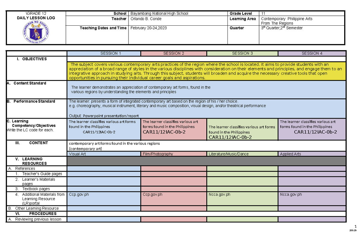 DLL 2 fin - Contemporary Arts - \GRADE 12 DAILY LESSON LOG School ...