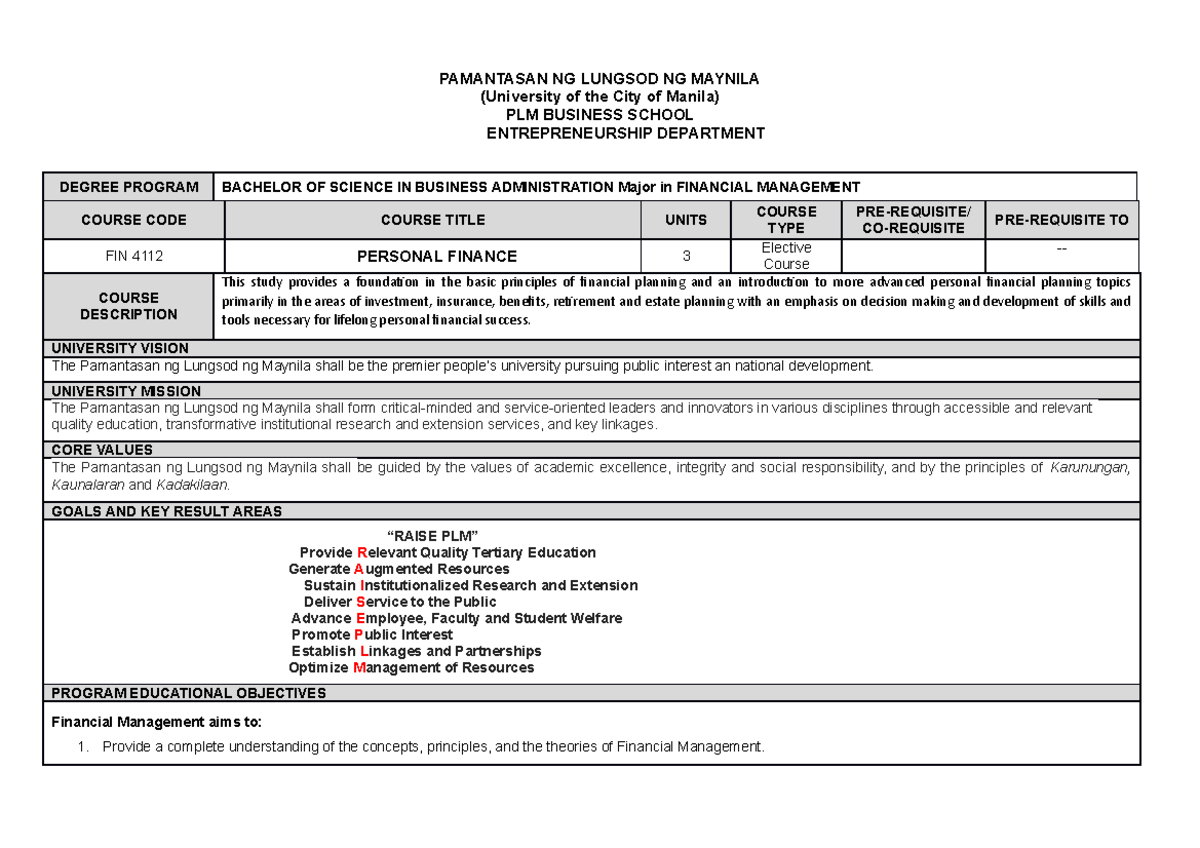 Syllabus Personal Finance 3 - PAMANTASAN NG LUNGSOD NG MAYNILA ...