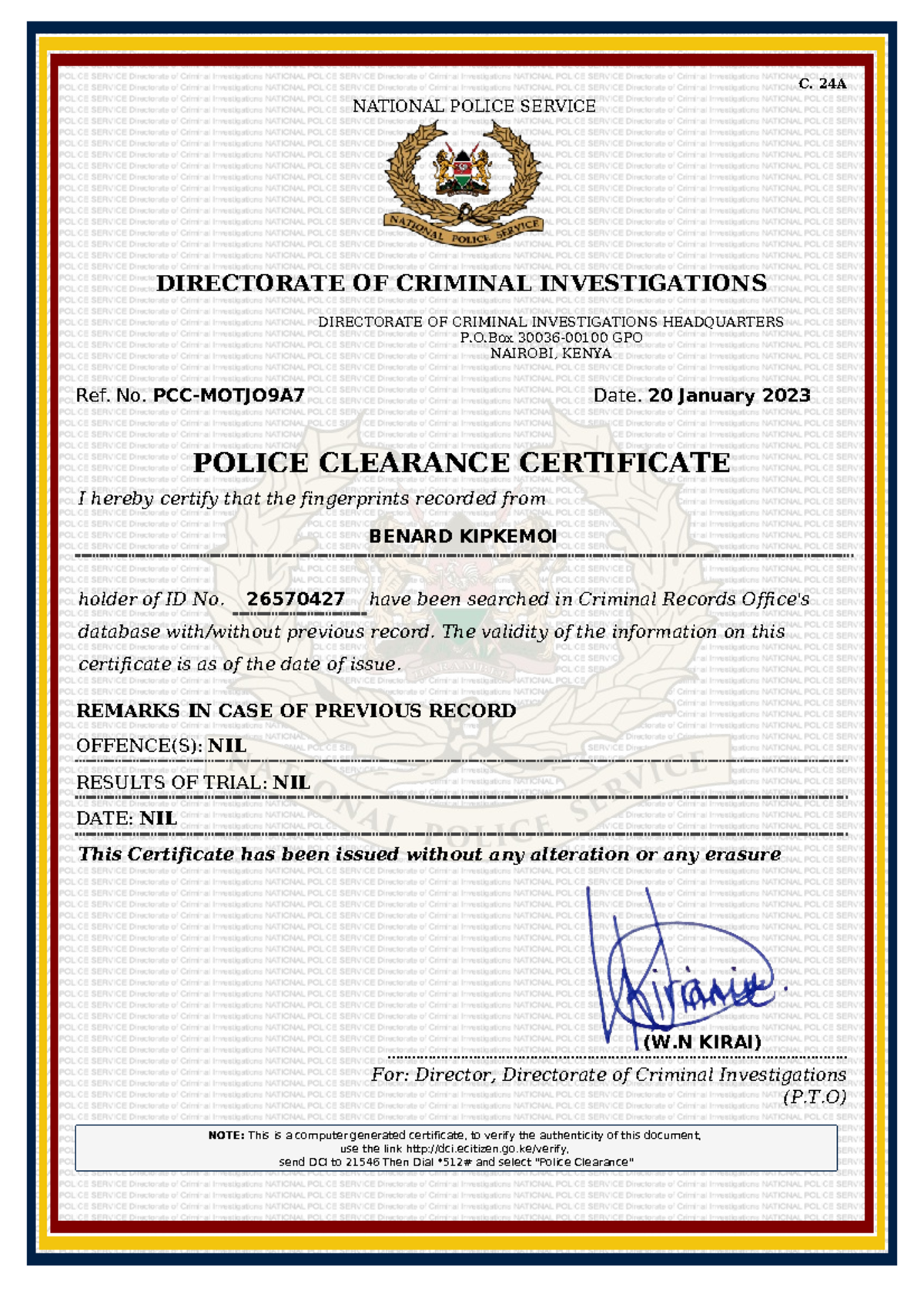 PCC- Motjo 9A7- Police Clearance Certificate P0 - C. 24A NATIONAL ...