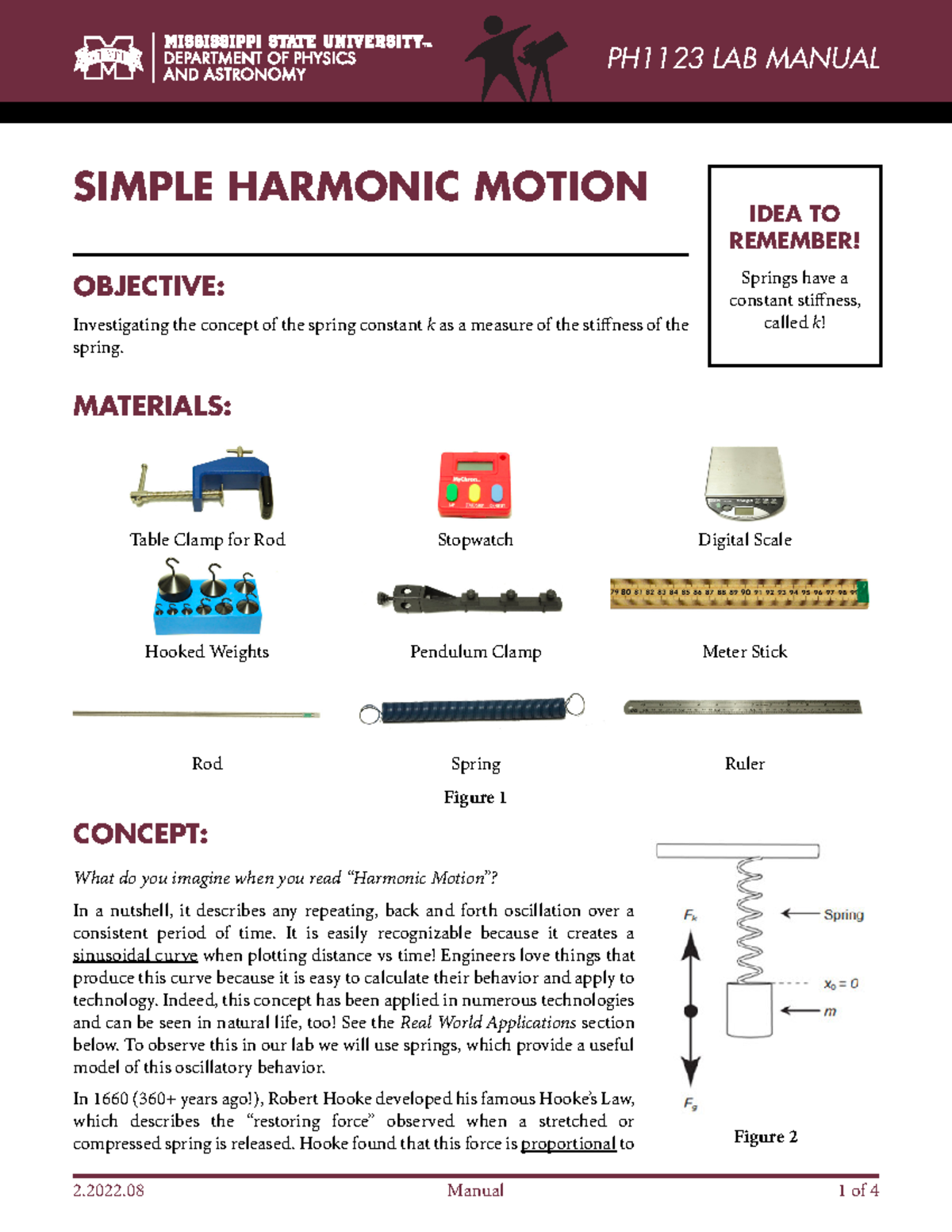 PH1123 Simple Harmonic Motion - PH1123 LAB MANUAL 2.2022 Manual 1 of 4 ...