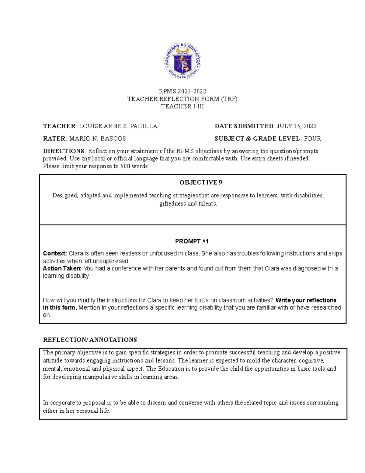 TRF-9-10 - trf - RPMS 2021- TEACHER REFLECTION FORM (TRF) TEACHER I-III ...