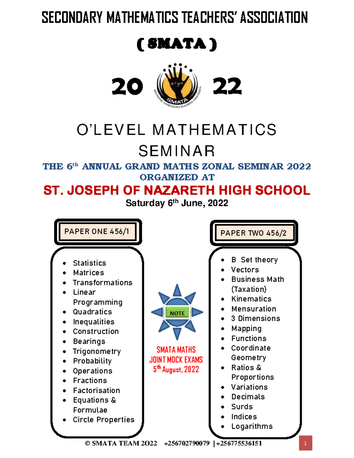 Secondary Mathematics Teachers’ Association ( Smata) O’ Level ...
