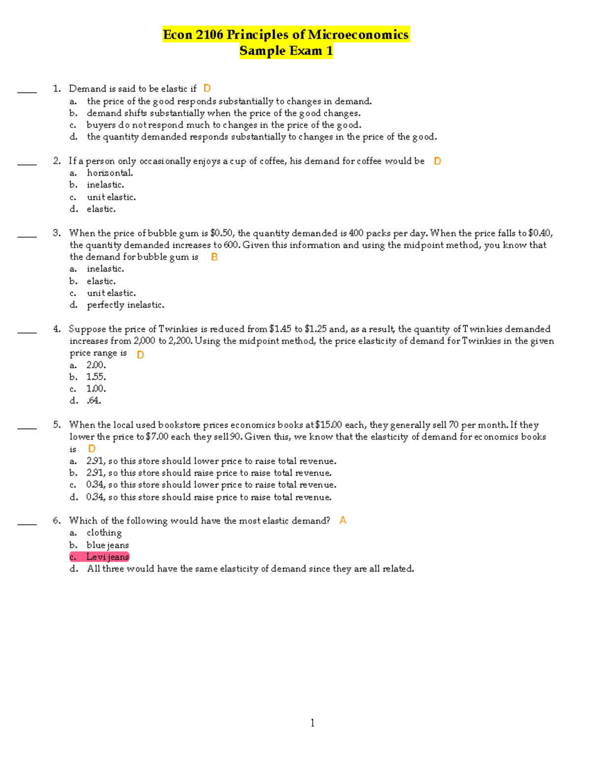 Multiple Choice Questions - Econ 2106 Principles of Microeconomics ...