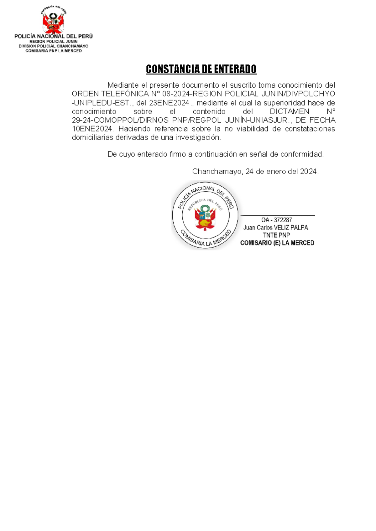 Constancia DE Enterado DEL Comisario - Mediante el presente documento ...