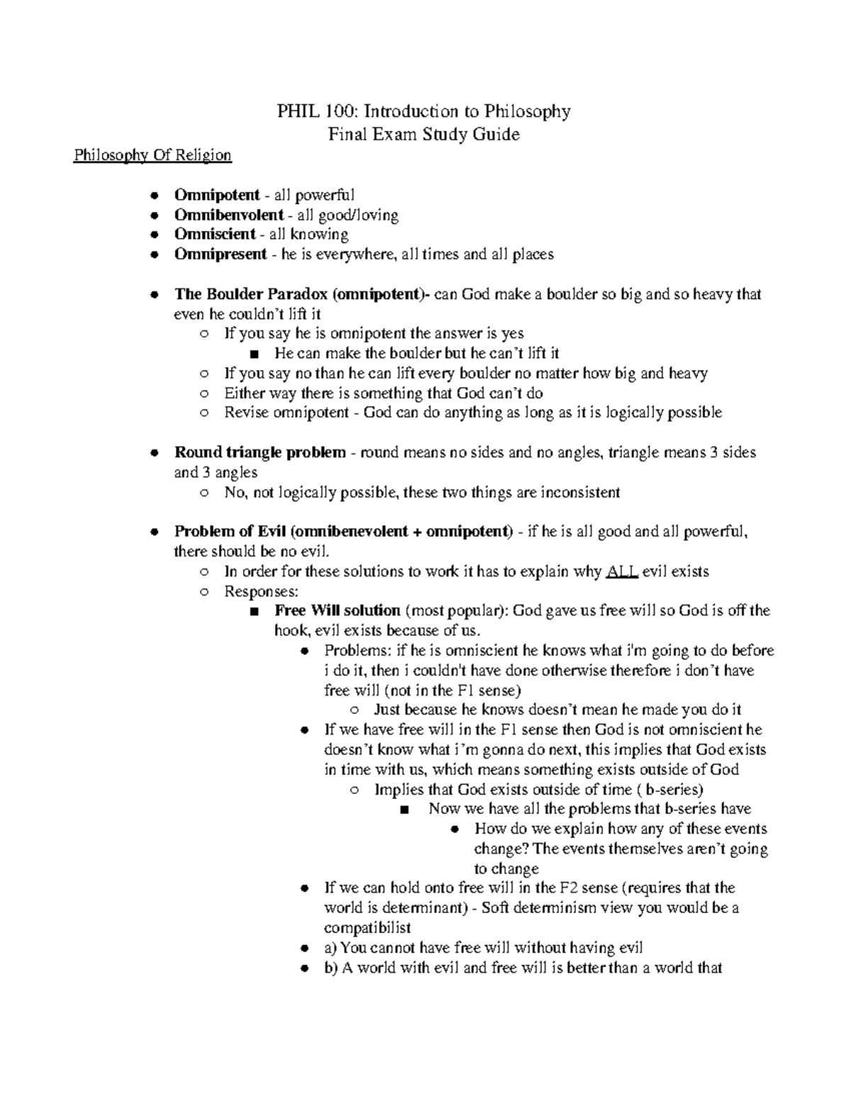 Final Exam Study Guide - PHIL 100: Introduction to Philosophy Final ...