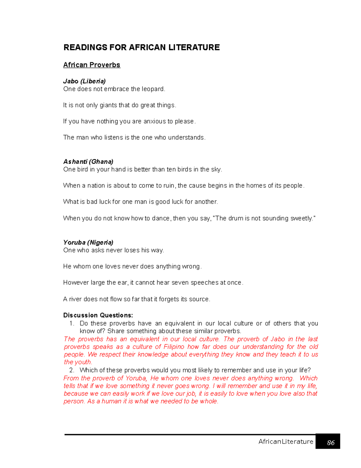 African - Sharing is caring - READINGS FOR AFRICAN LITERATURE African ...