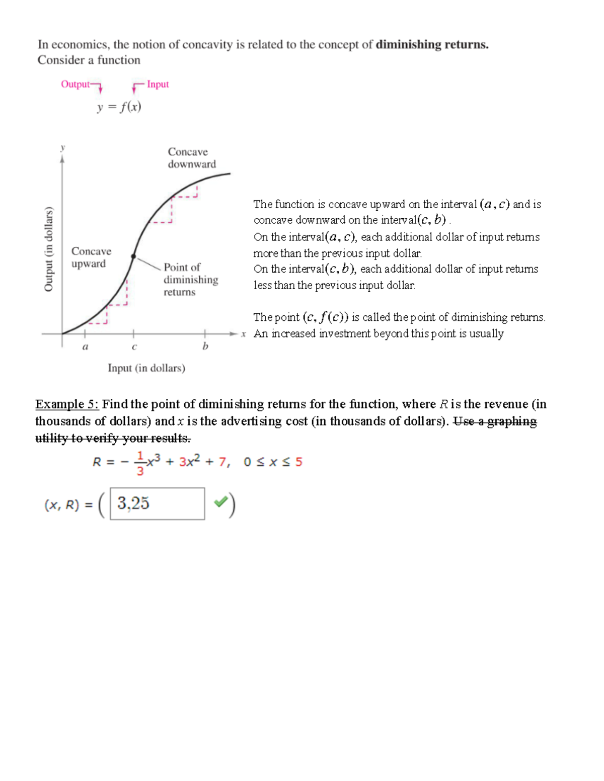 MATH121 Diminishing Returns Notes - Example 5: Find the point of ...