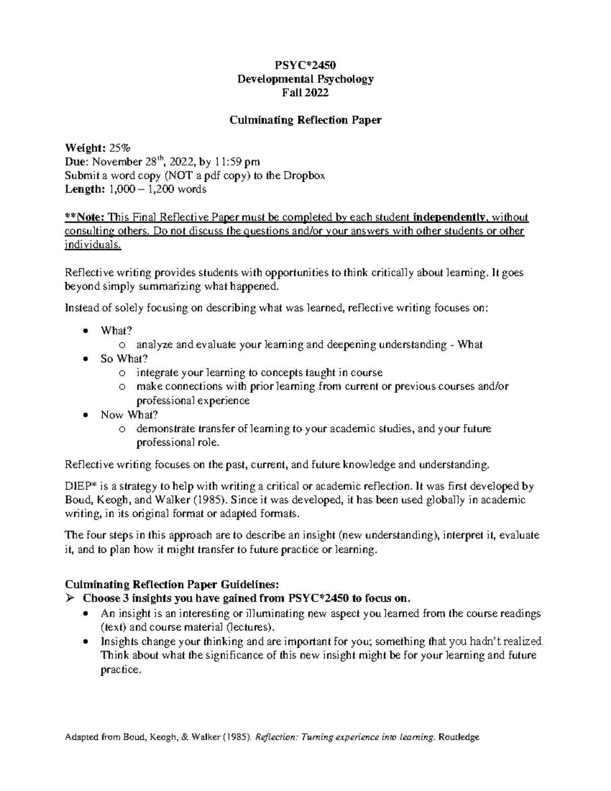 PSYC2450 F22 Culminating Reflection Paper Guidelines 1 - Adapted from ...