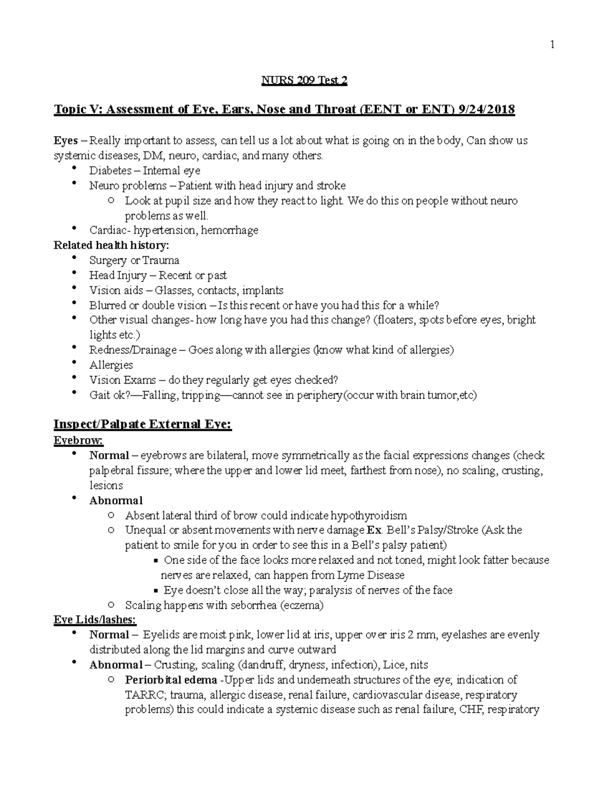 209 exam 2 updated notes - NURS 209 Test 2 Topic V: Assessment of Eye ...