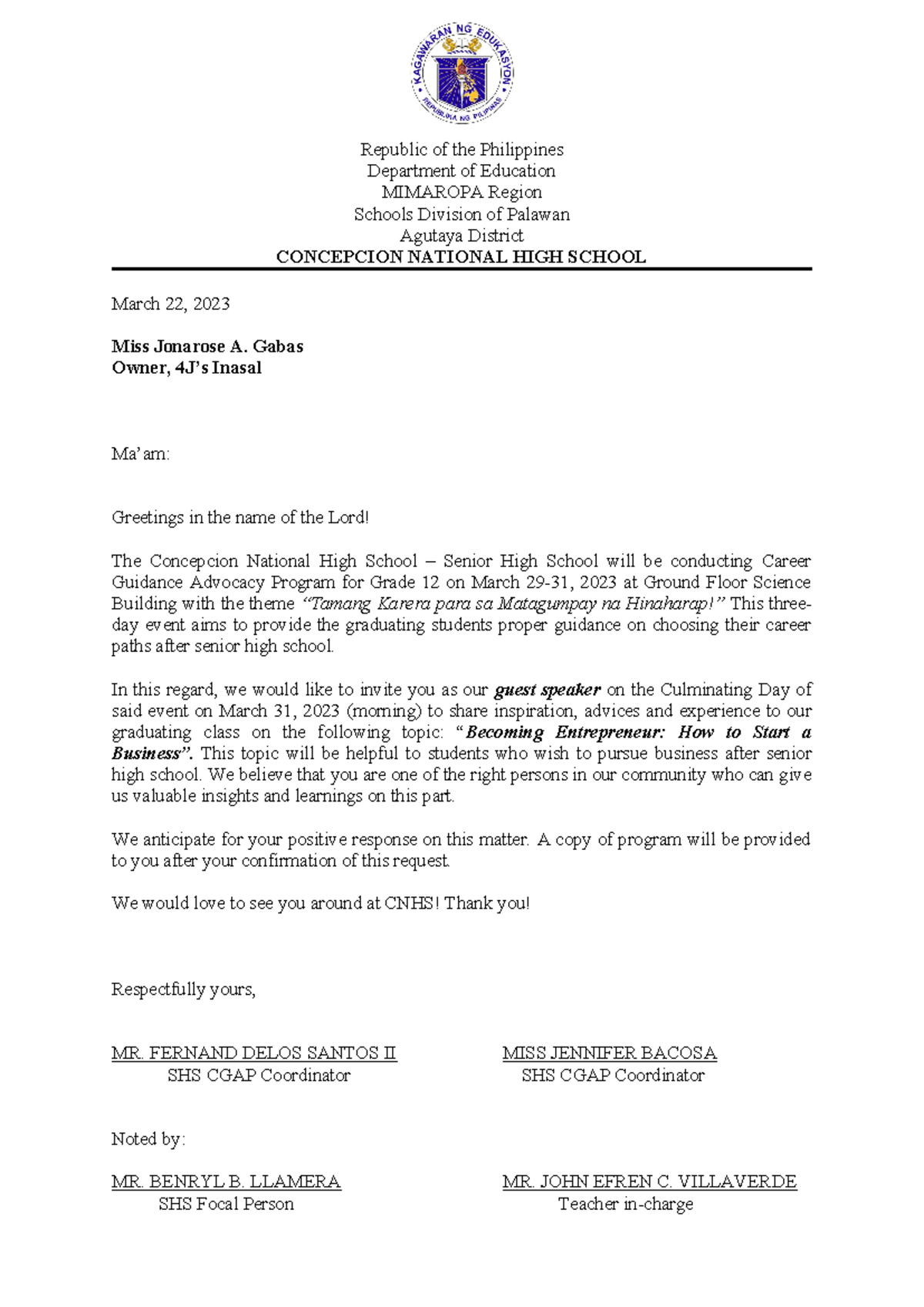 CGAP Letter - Republic of the Philippines Department of Education ...