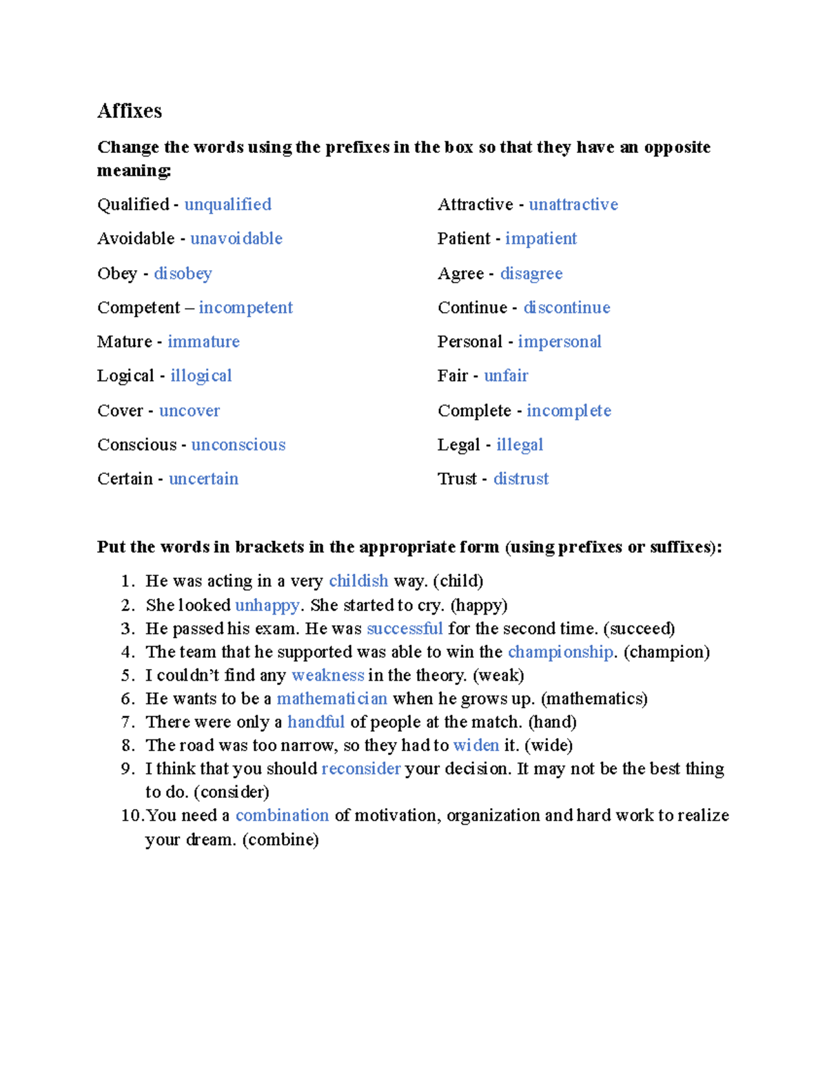 Morphology task - Affixes Change the words using the prefixes in the ...