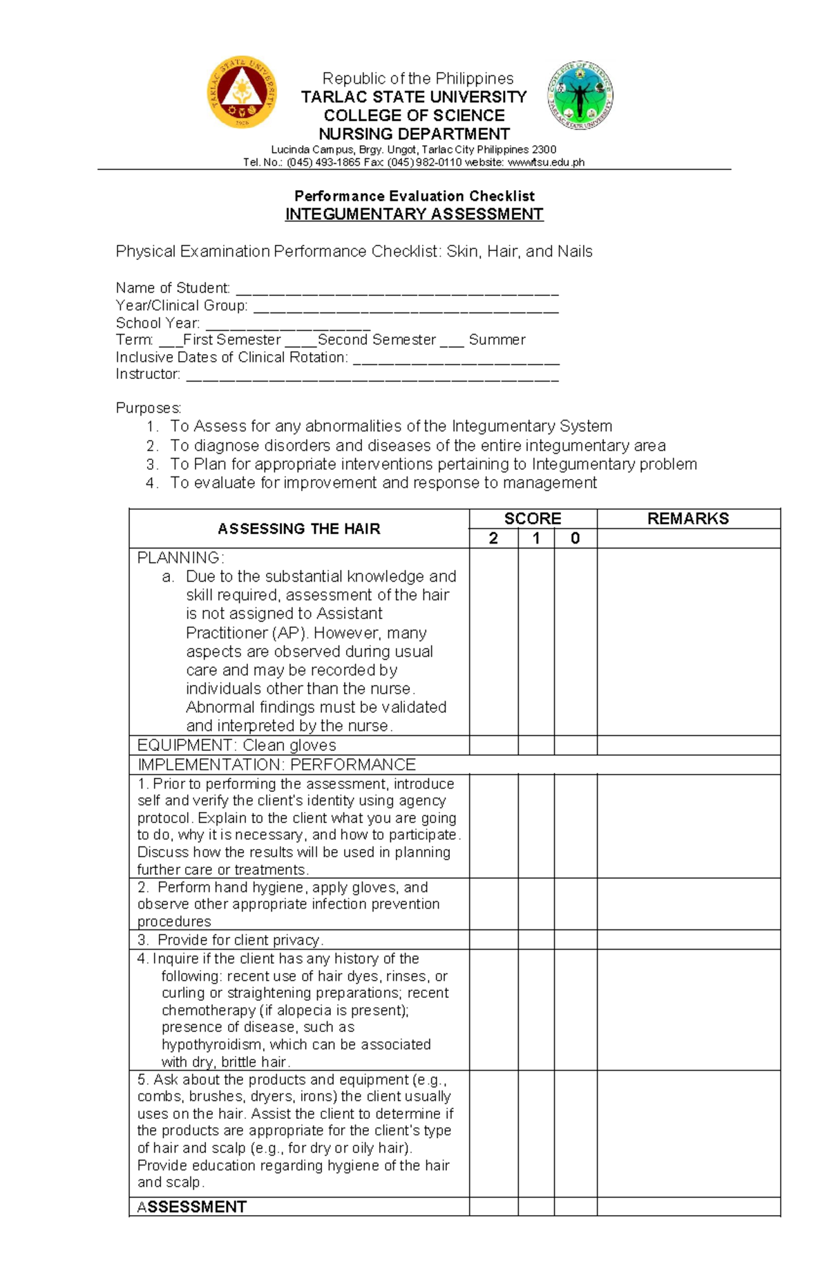 HAIR- Assessment-checklist - Republic of the Philippines TARLAC STATE ...