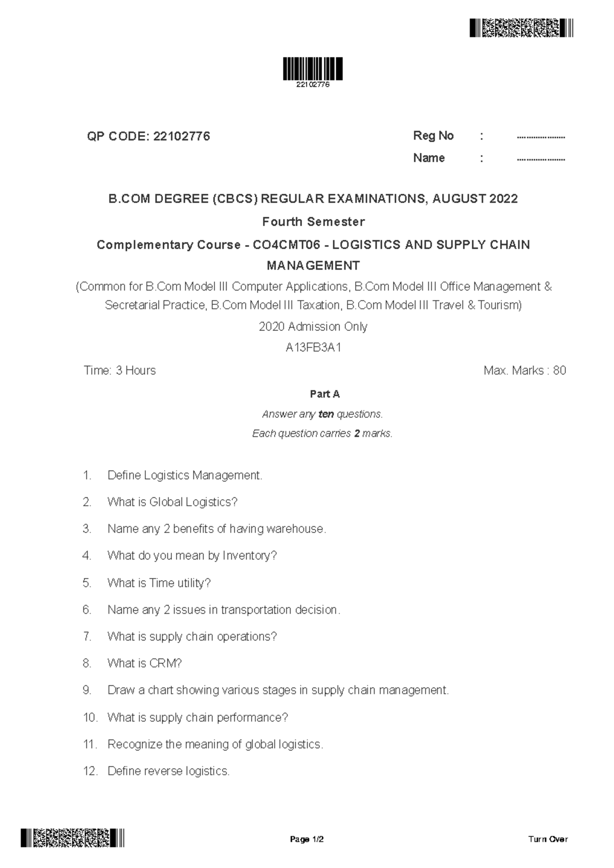 Logistics AND Supply Chain Management - QP CODE: 22102776 Reg No ...