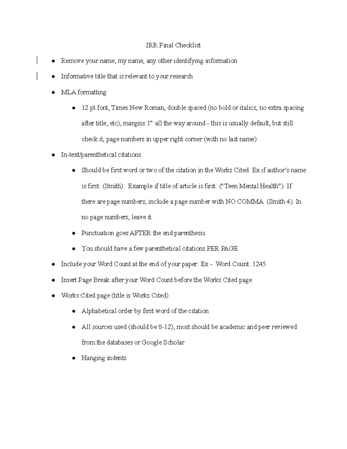 Copy of IRR Final Checklist - IRR Final Checklist Remove your name, my ...