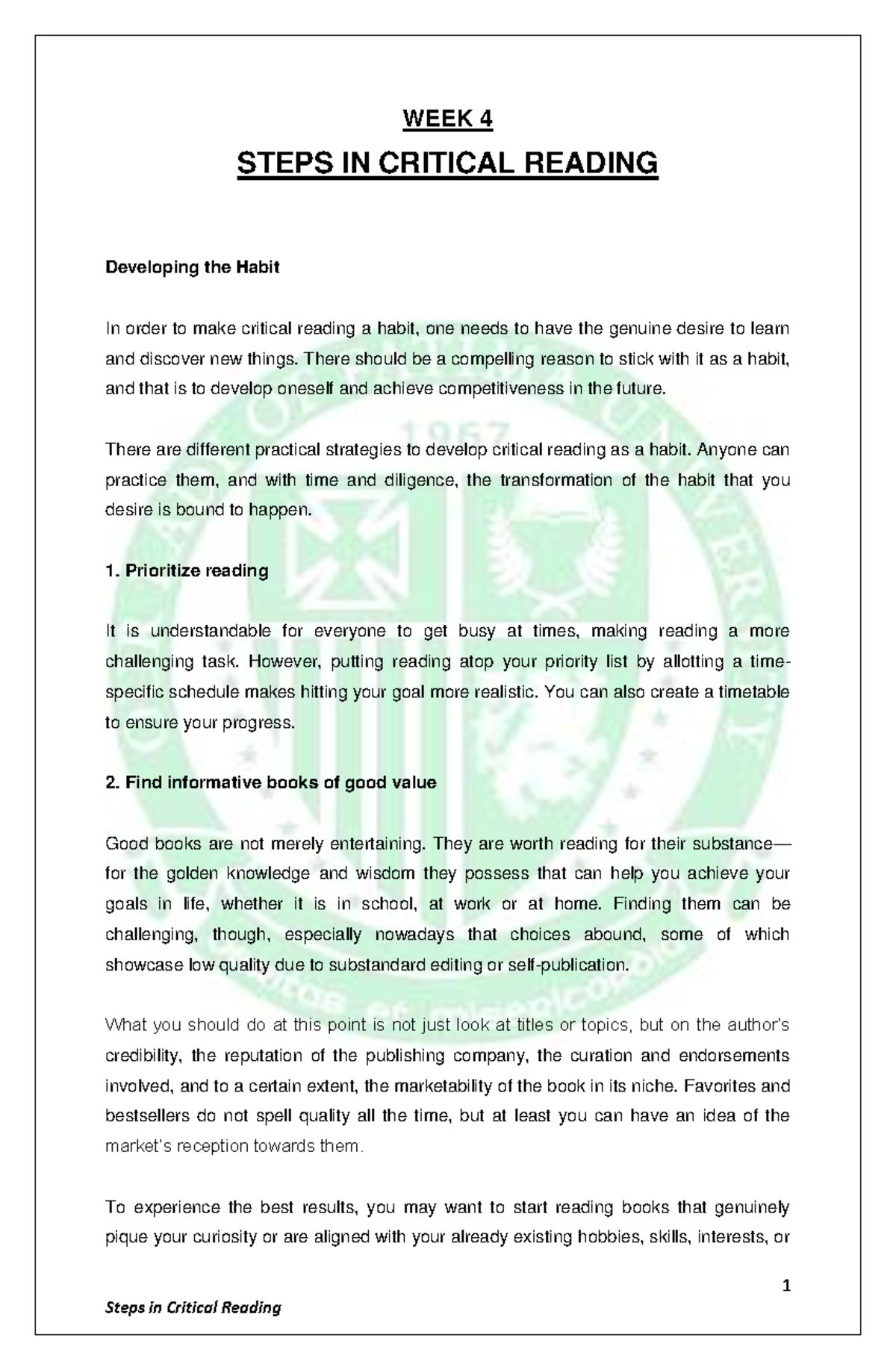 Week 4 - Steps IN Critical Reading - 1 WEEK 4 STEPS IN CRITICAL READING ...