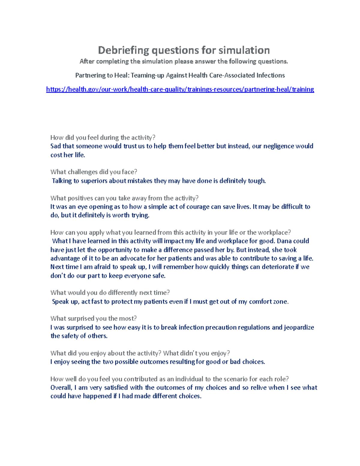 Debriefing Questions Infection Simulation Debriefing Questions For Simulation After Completing