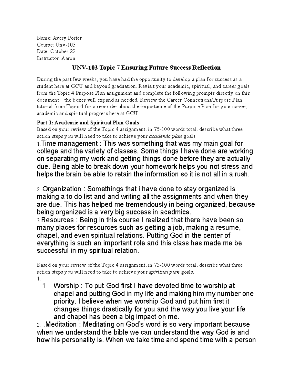 University Of Success Reflection over the course - Name: Avery Porter ...