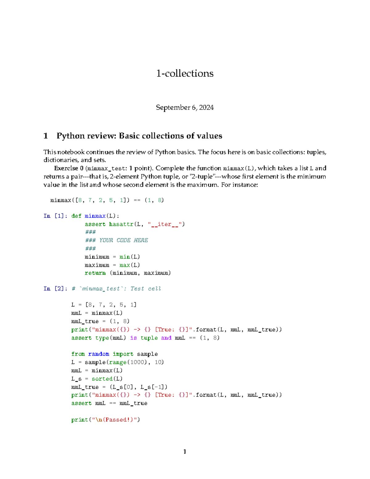 Notebook 1 Part 1 - 1-collections September 6, 2024 1 Python review: Basic collections of values ...