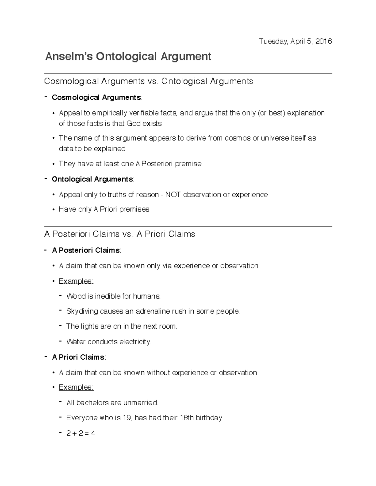 Anselm's Ontological Argument - Tuesday, April 5, 2016 Anselm’s ...