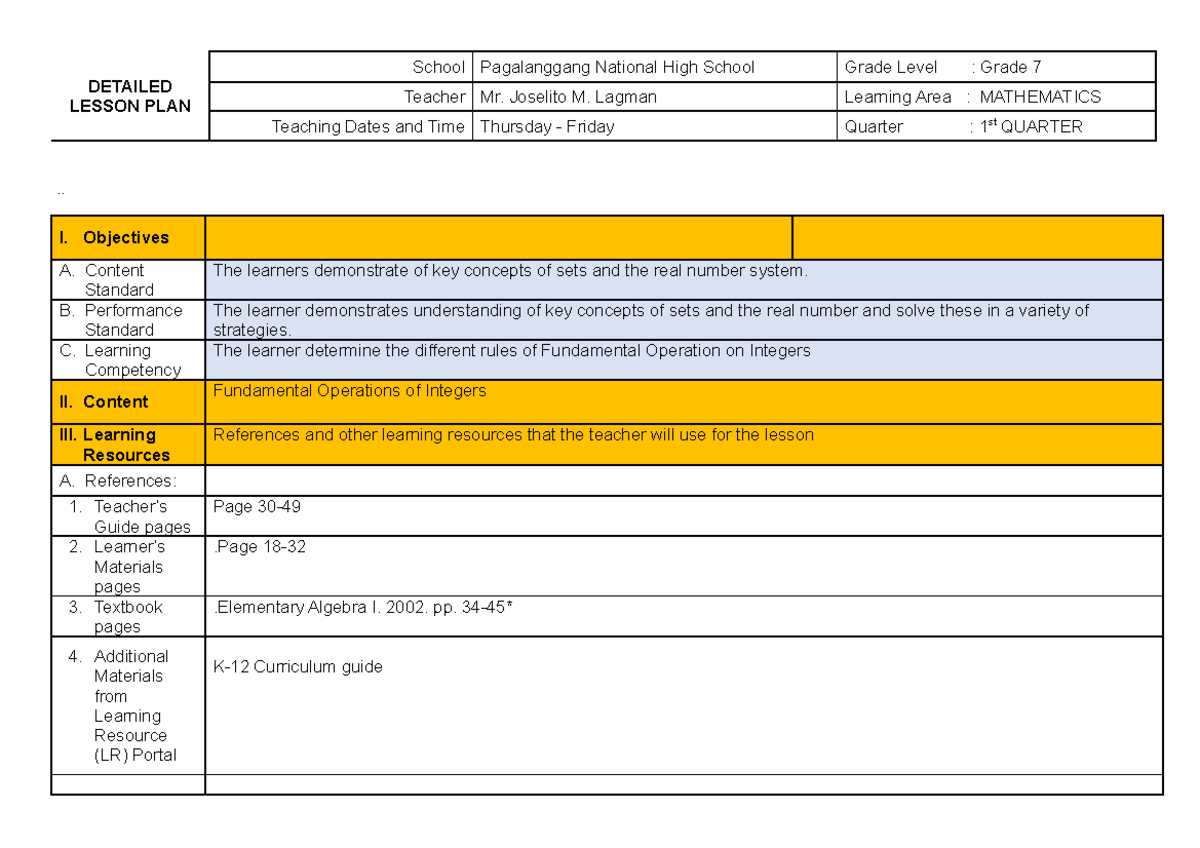Joselito DLP Format - DLP mathematics grade 7 - DETAILED LESSON PLAN ...