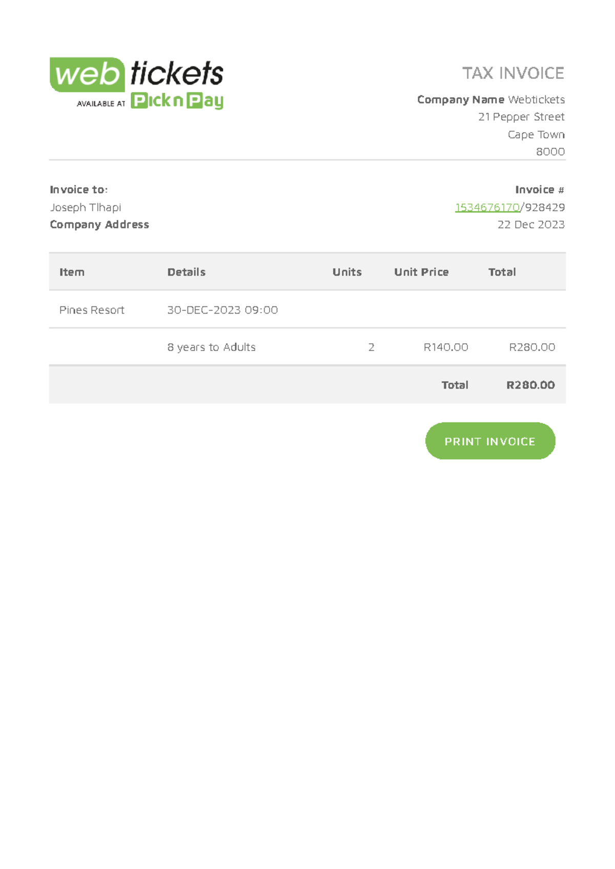 Tax Invoice - FLGX325 - TAX INVOICE Company Name Webtickets 21 Pepper ...
