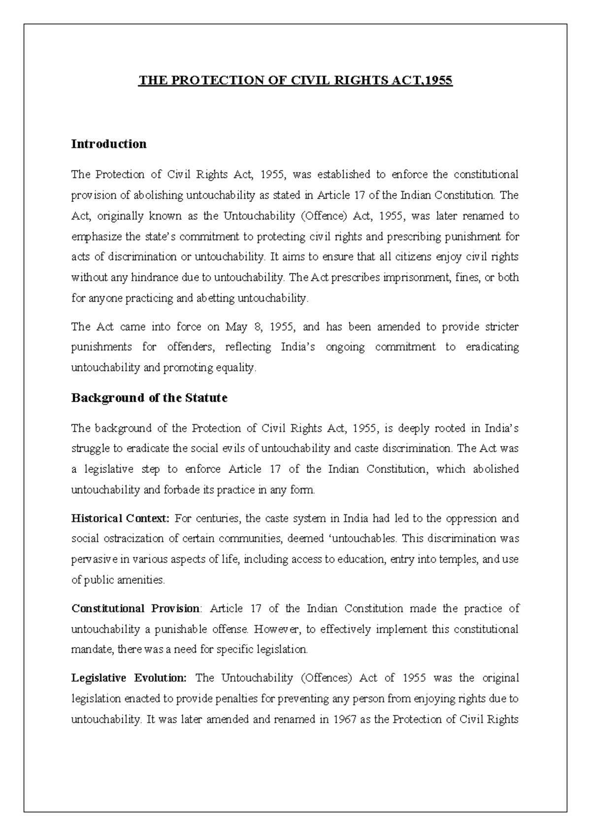 Protection of civil rights - The Act, originally known as the ...