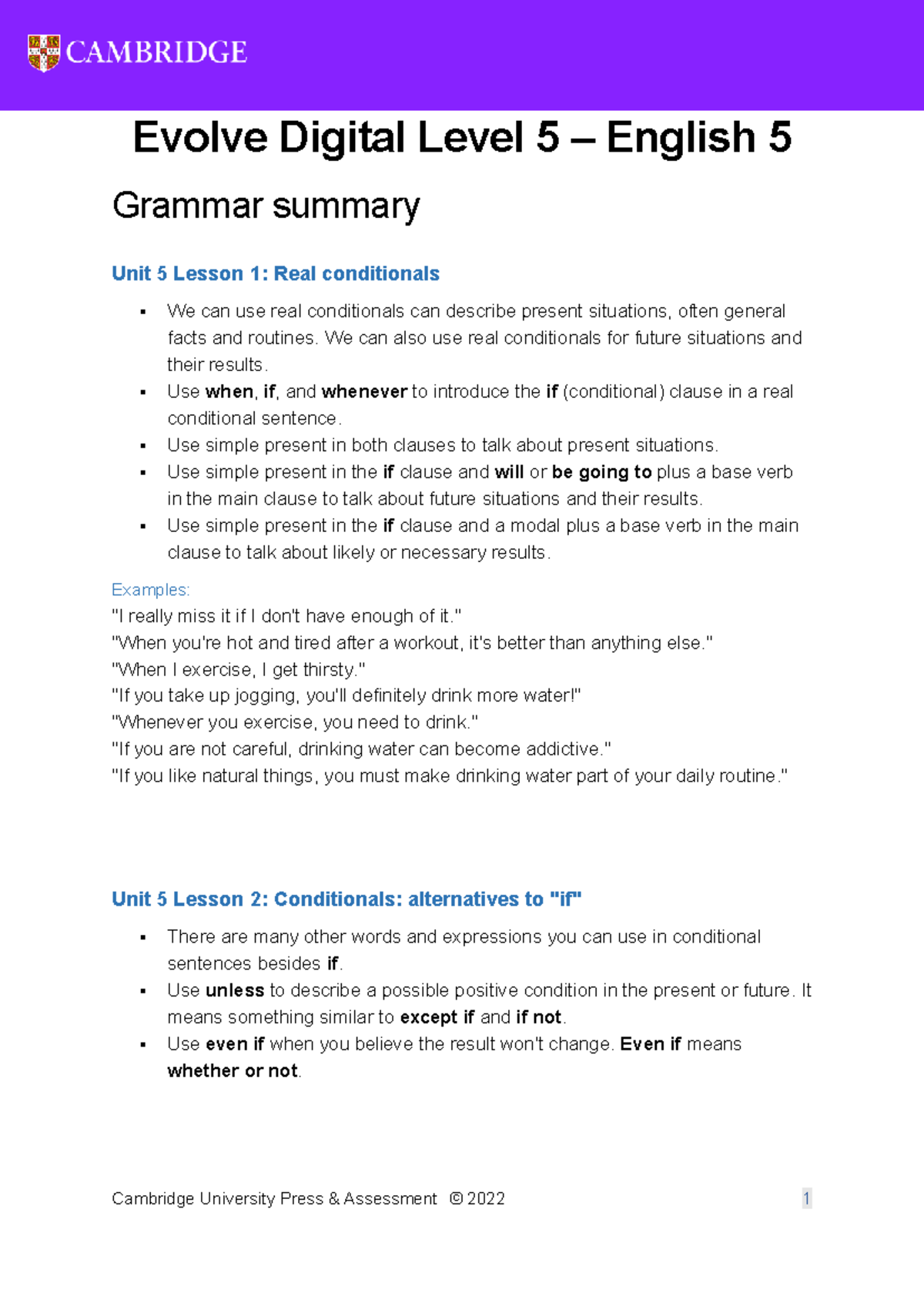 Unit 5 - E5 - Grammar - Cambridge University Press & Assessment © 2022 ...
