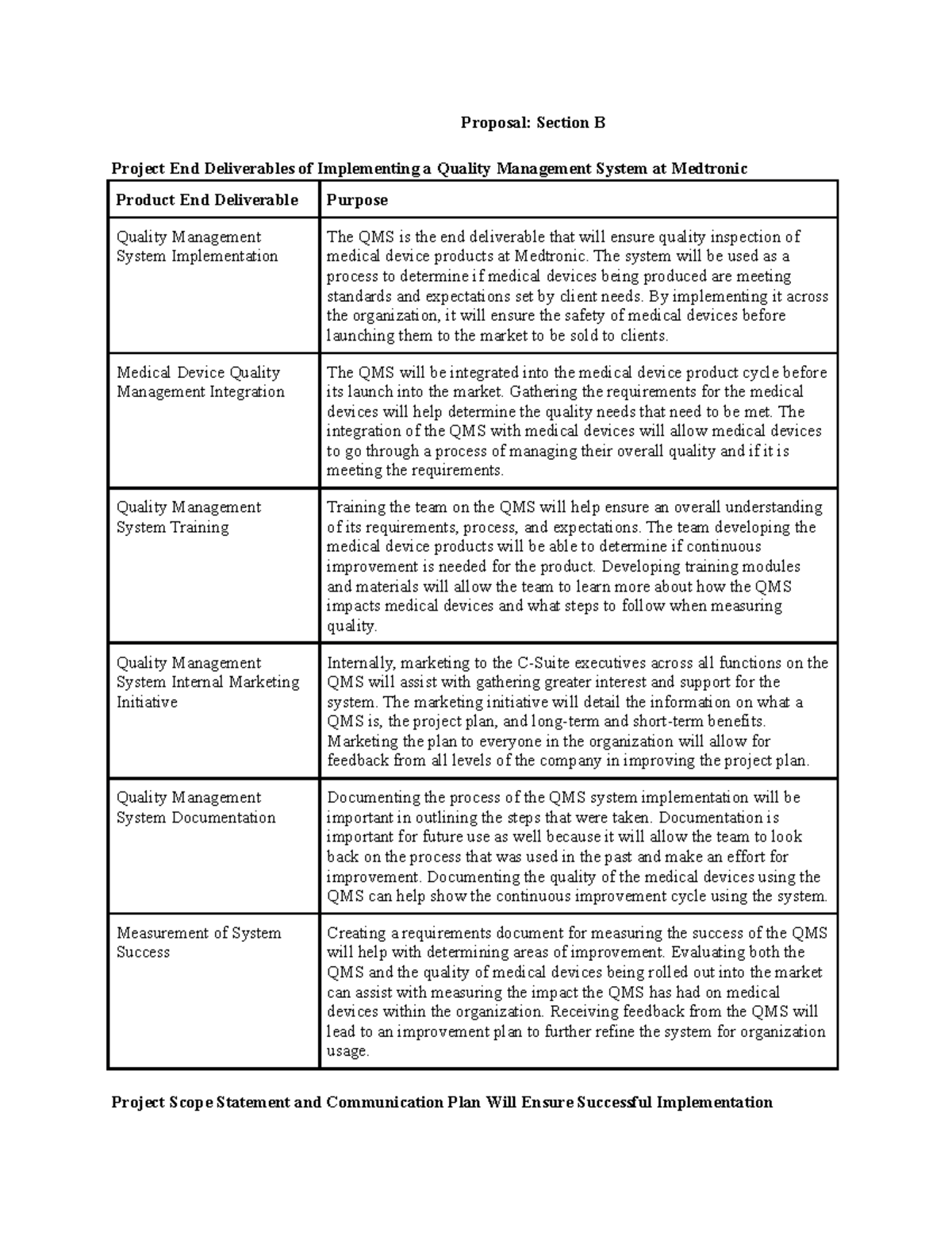 Medtronic Proposal Section B - Proposal: Section B Project End Deliverables of Implementing a ...
