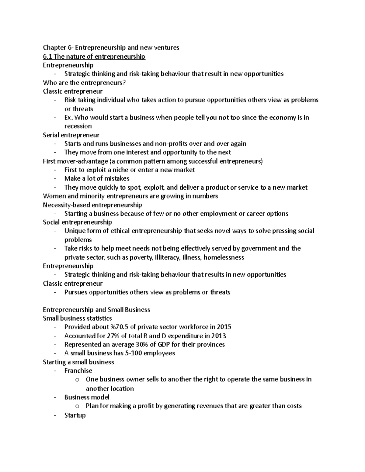 Chapter 6-management - Lecture notes 6 - Chapter 6- Entrepreneurship ...