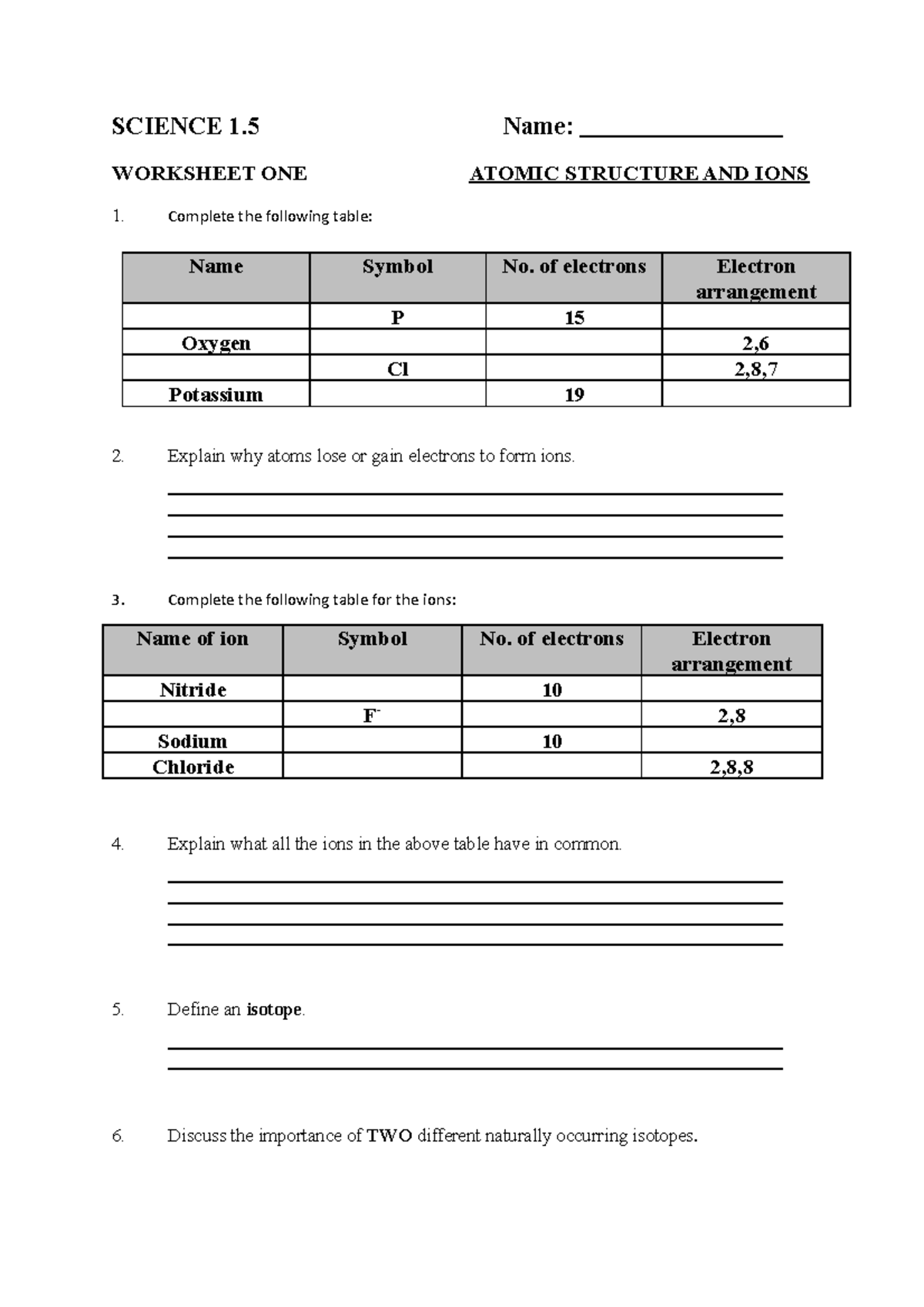 1 Questions Atomic Structure and Ions - SCIENCE 1 Name: WORKSHEET ONE ...