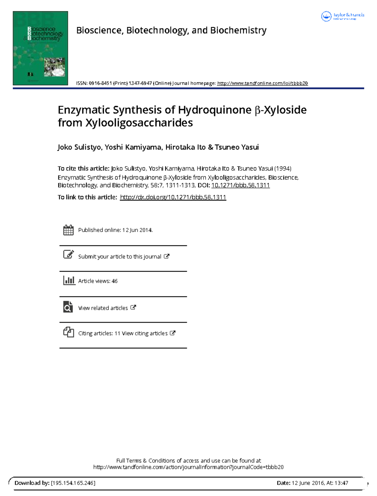 Enzymatic Synthesis of Hydroquinone P-Xyloside from ...